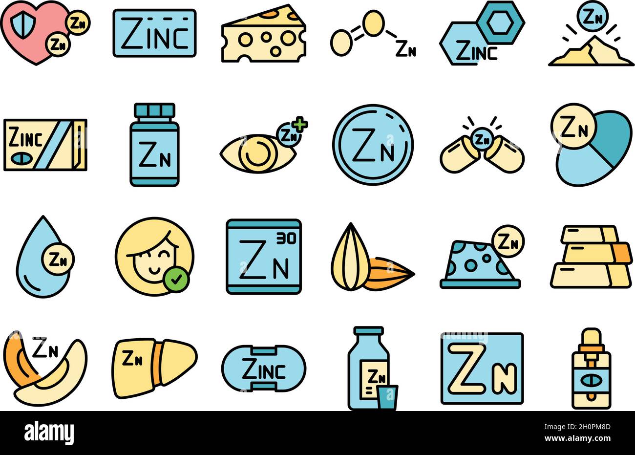 Zinc icons set outline vector. Mineral supplement. Vitamin food Stock ...