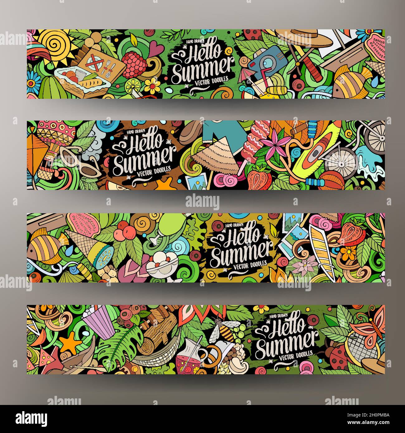 Cartoon cute doodles Summer horizontal banners set Stock Vector Image ...