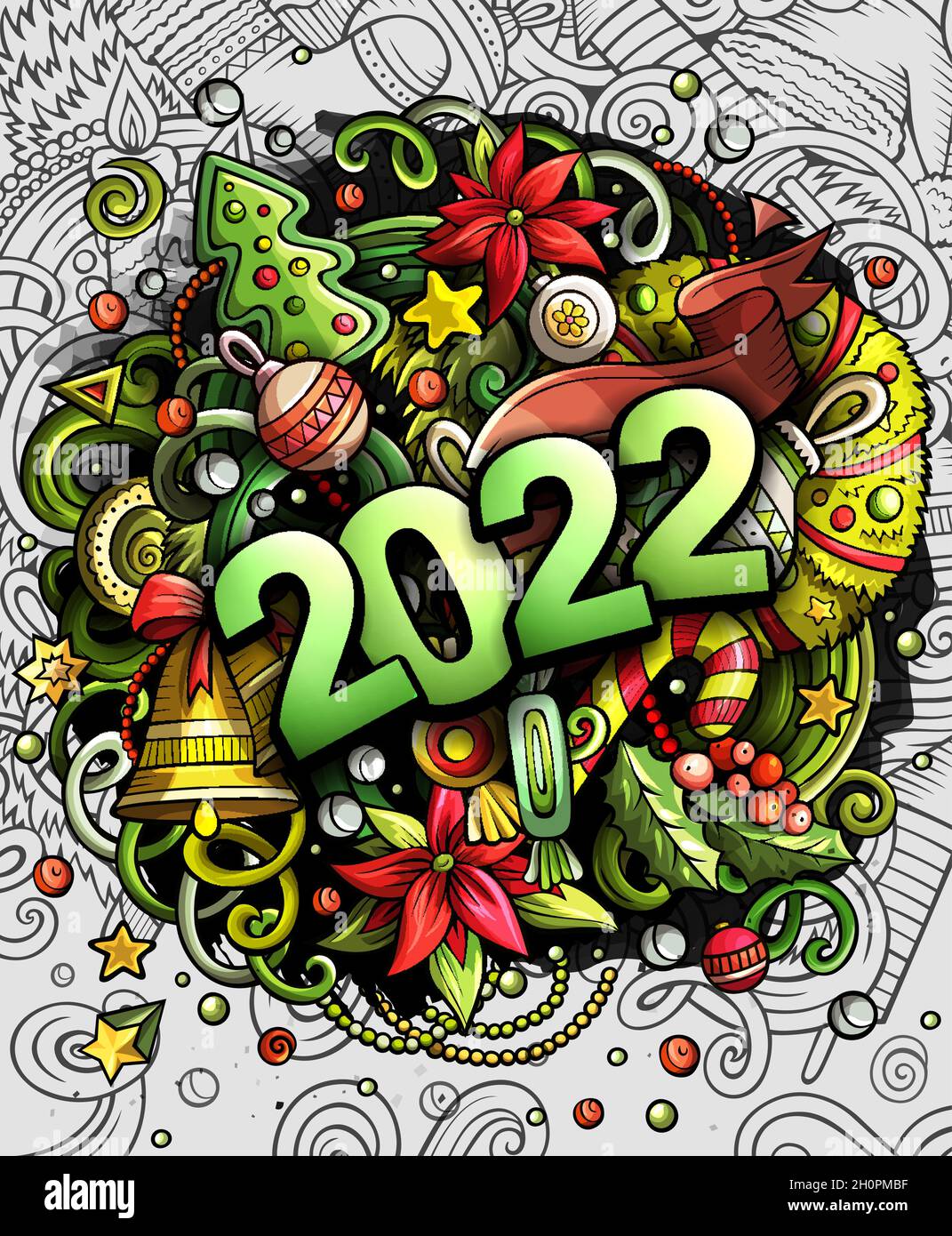 2022 hand drawn doodles illustration. New Year objects and elements ...