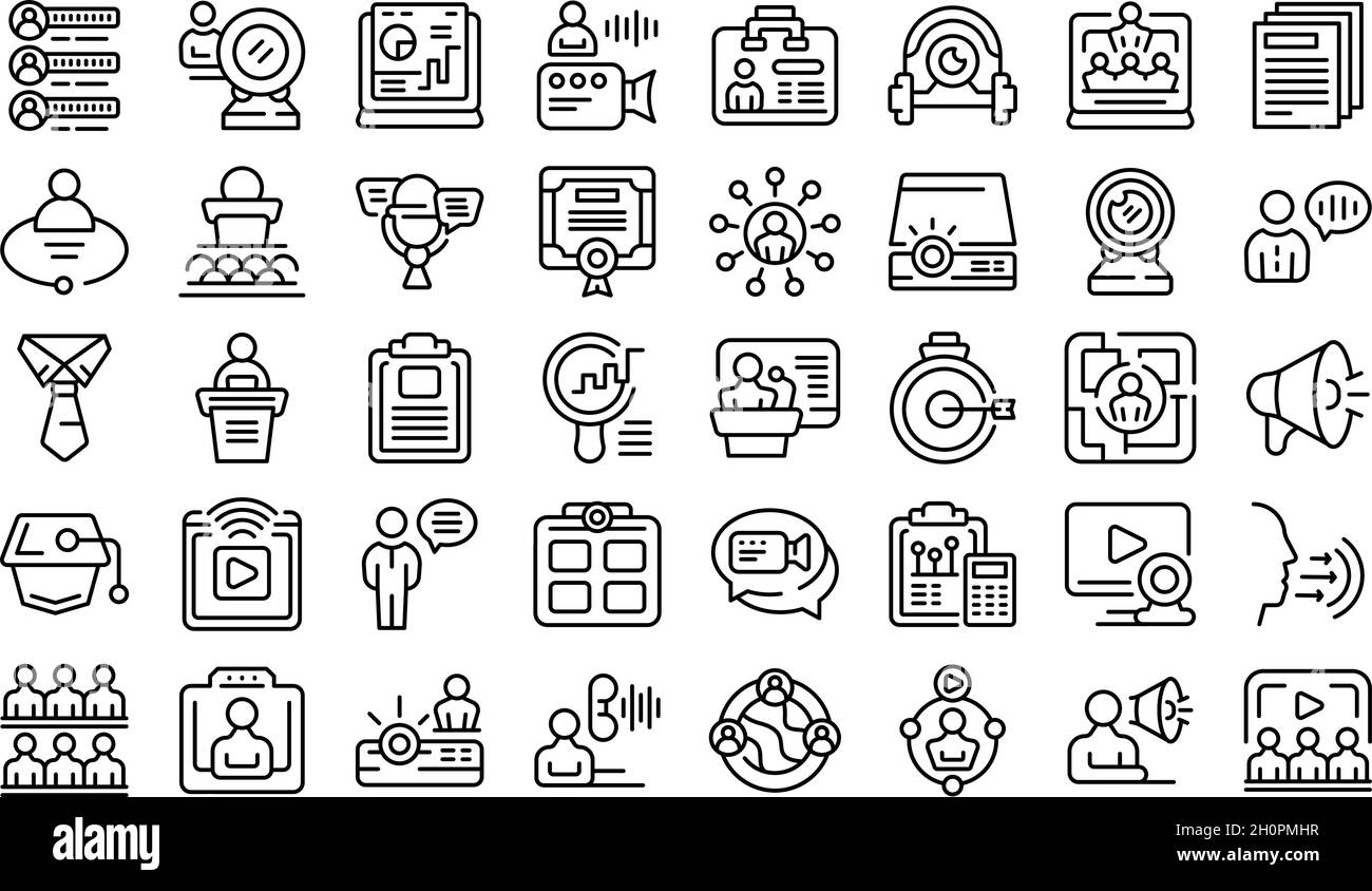Conference icons set outline vector. Virtual zoom. Online work Stock ...