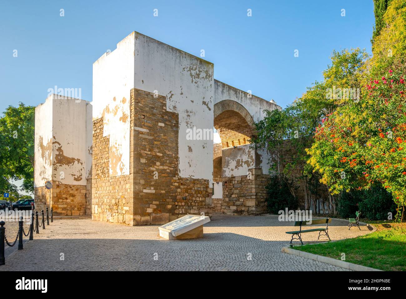 Historic walls around the old town in Faro, Algarve, south of Portugal ...