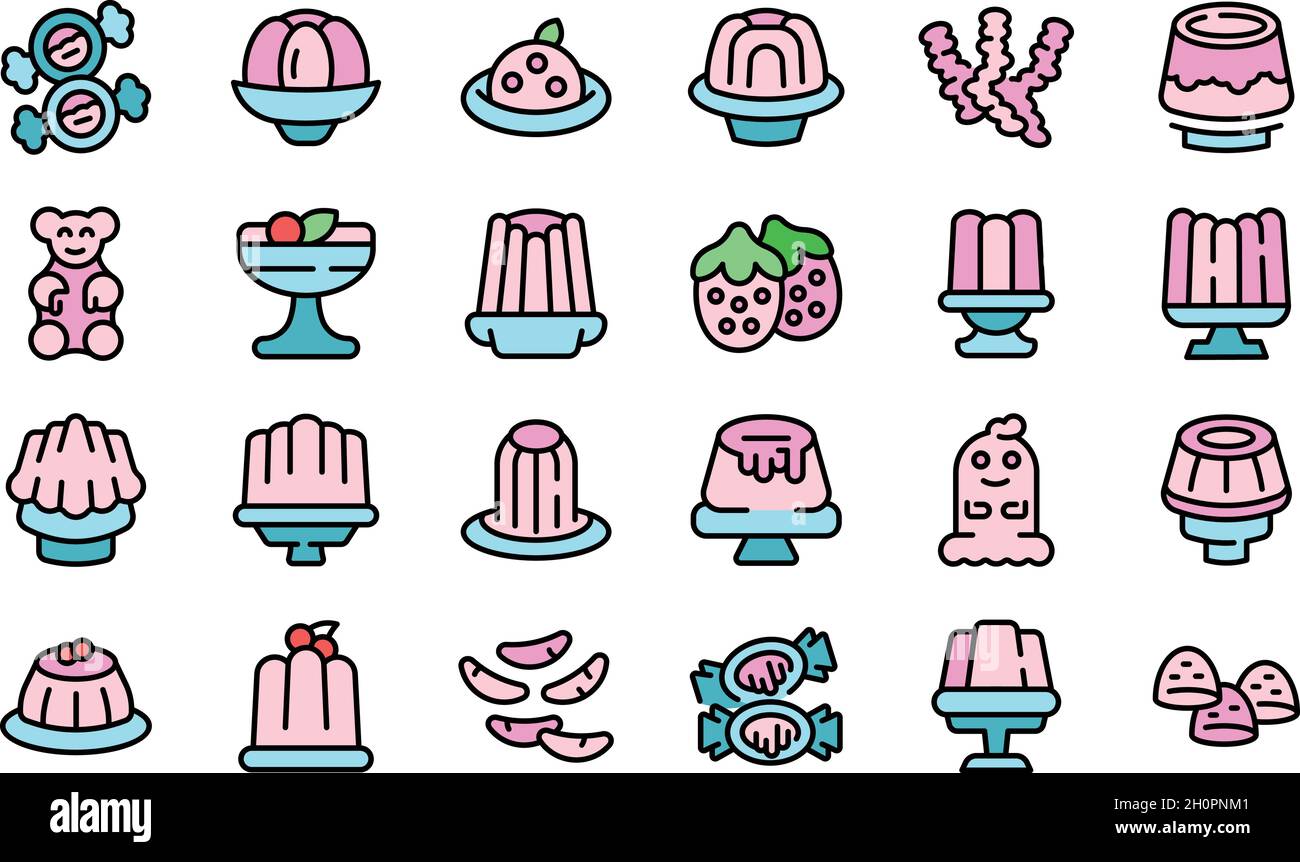 Jelly icons set outline vector. Frozen dessert. Gelatin confectionery ...