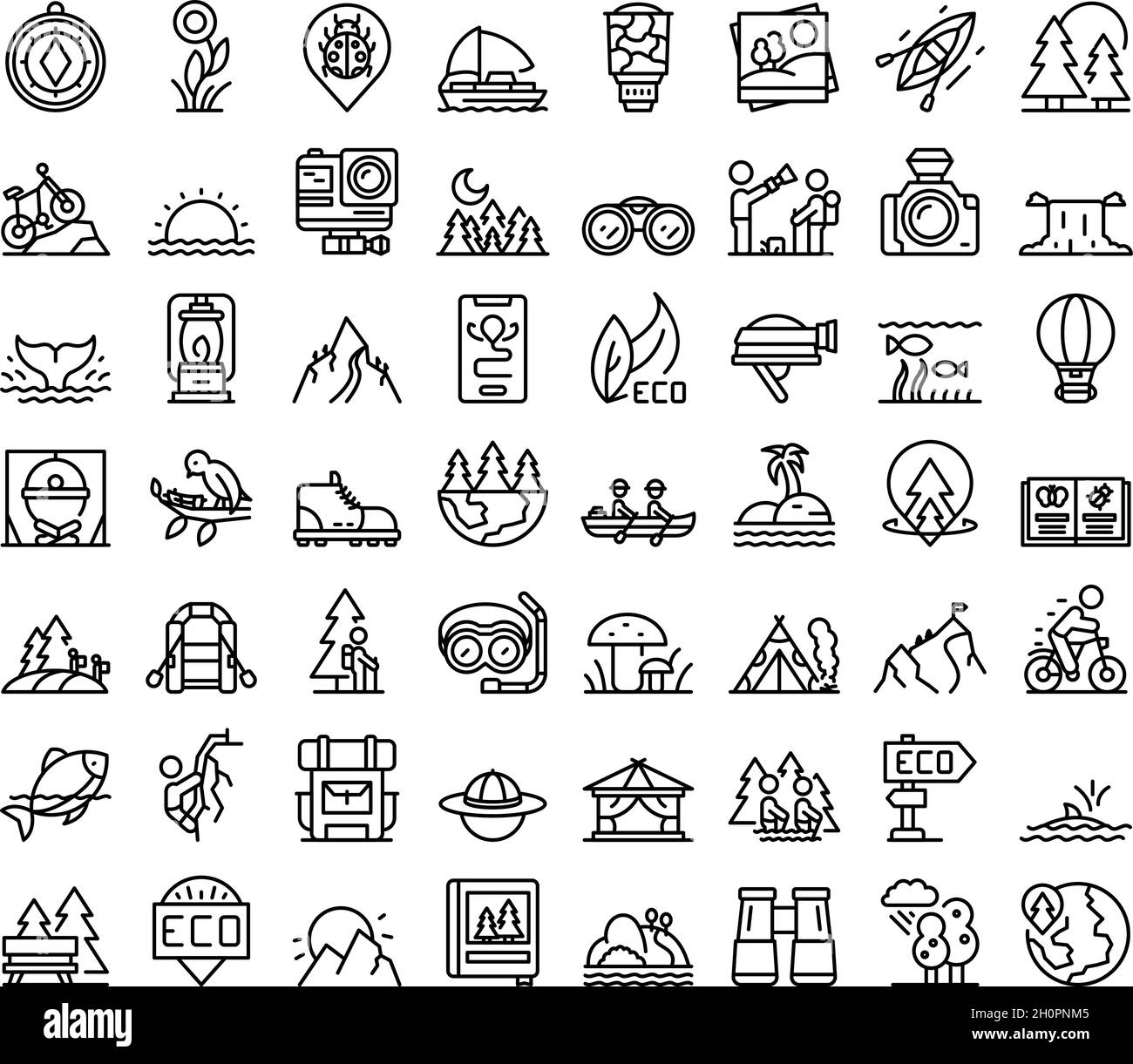 Eco tourism icons set outline vector. Fauna nature. Flora bird Stock ...