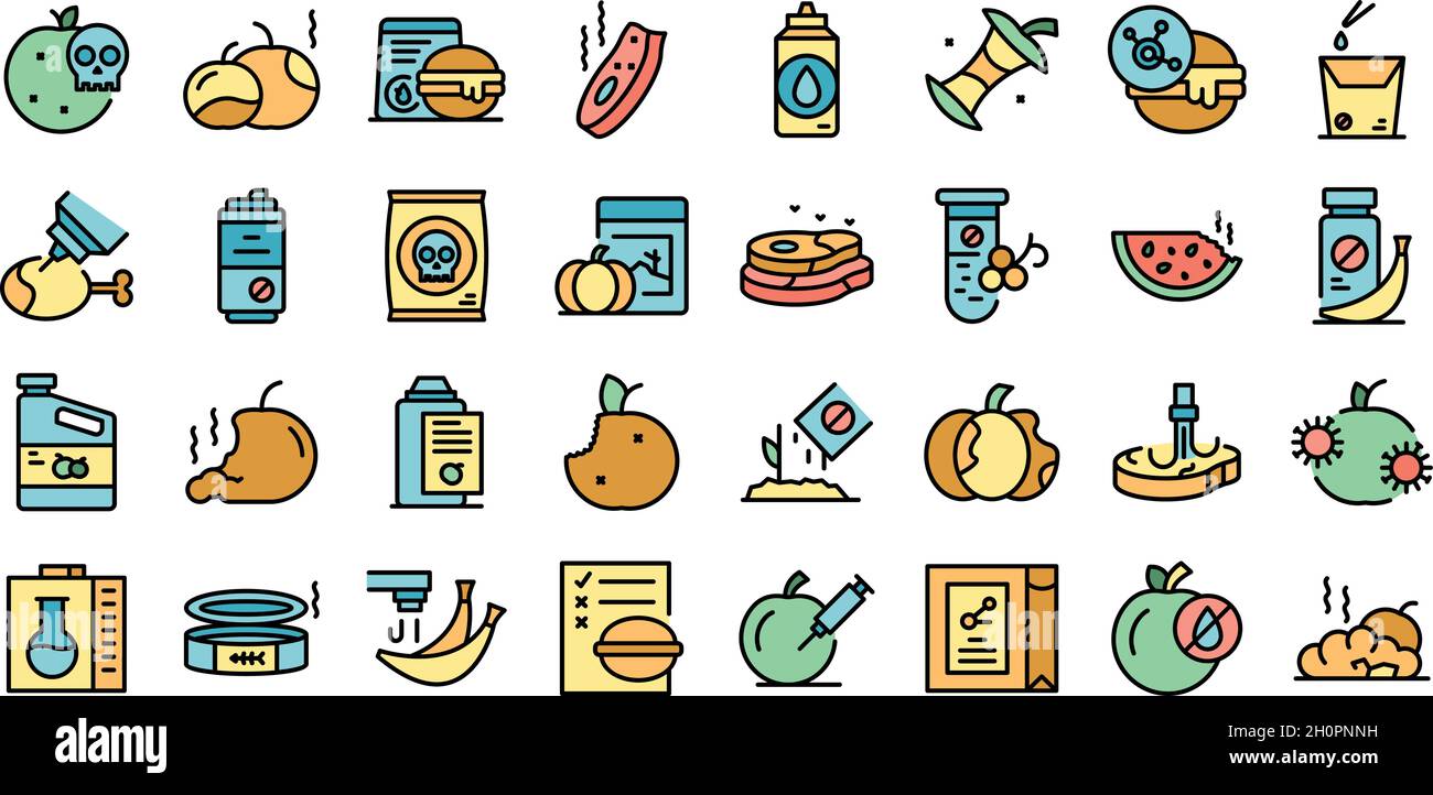 Food contamination icons set outline vector. Spoiled rotten. Virus ...