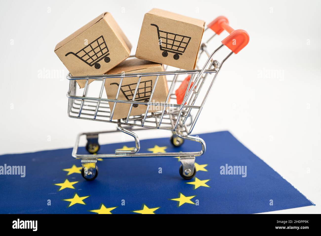 Box with shopping cart logo and EU flag, Import Export Shopping online ...