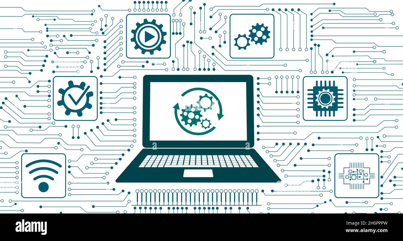 Concept of automation with icons integrated in circuit Stock Photo - Alamy