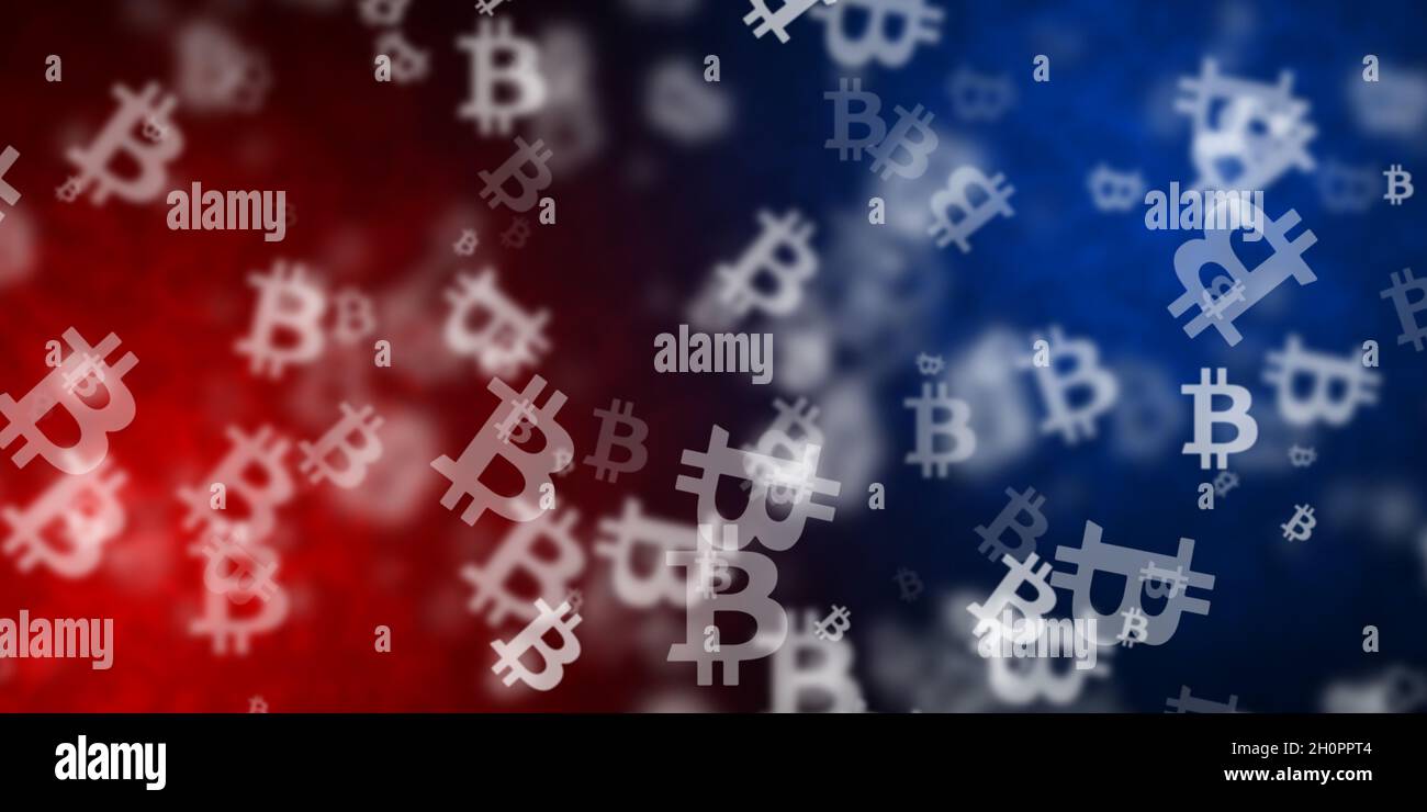 Flying bitcoin logos over red and blue background Stock Photo - Alamy