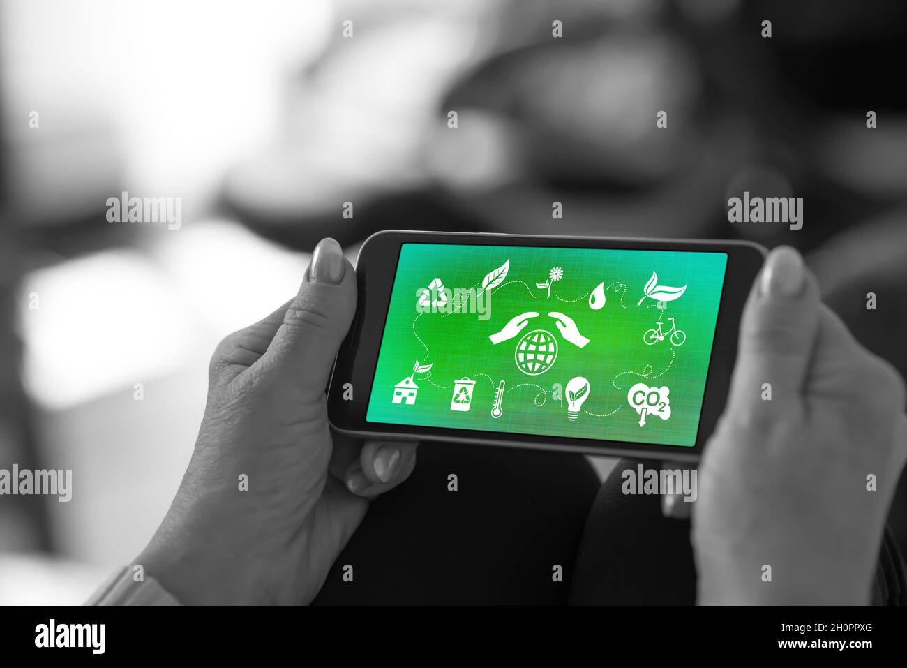 Smartphone screen displaying an environment protection concept Stock ...