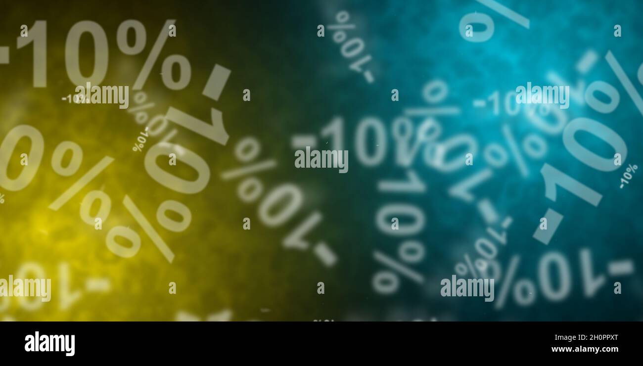 Flying -10% discount symbols over yellow and light blue background ...