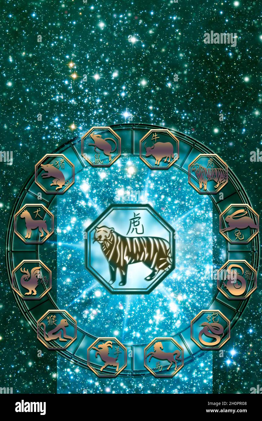 chinese horoscope with all signs and the symbol of tiger in center ...