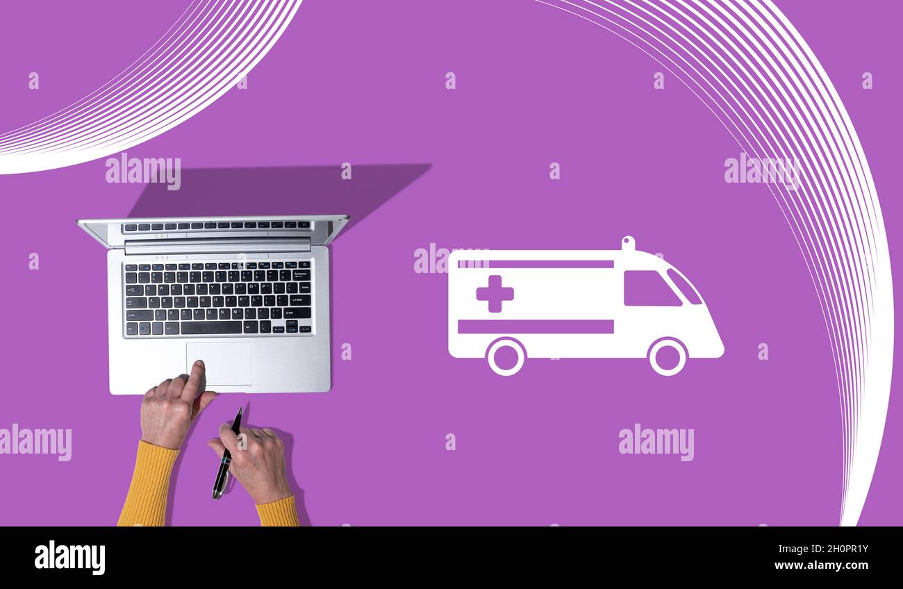 Top view of hands using laptop with symbol of emergency concept Stock ...