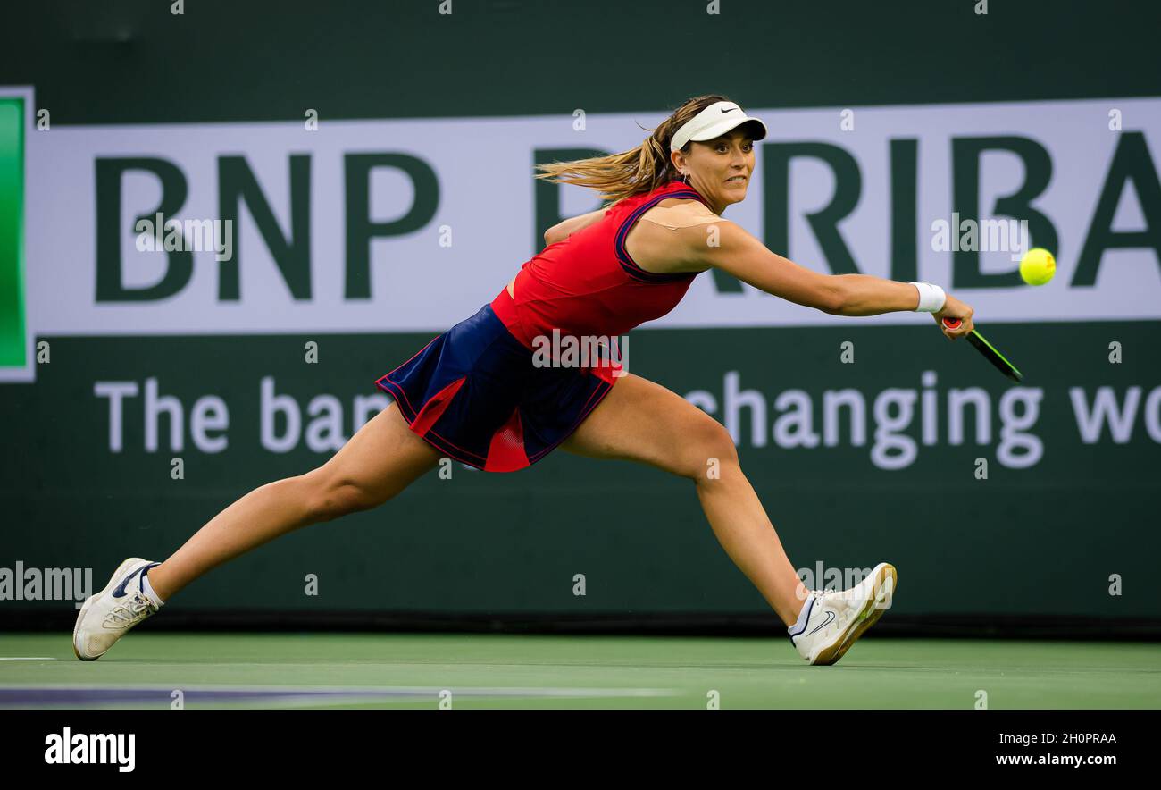 Paula Badosa of Spain in action during the fourth round at the 2021 BNP ...