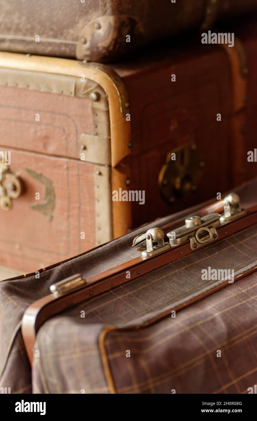 Backgrounds and textures: group of old suitcases, close-up shot ...