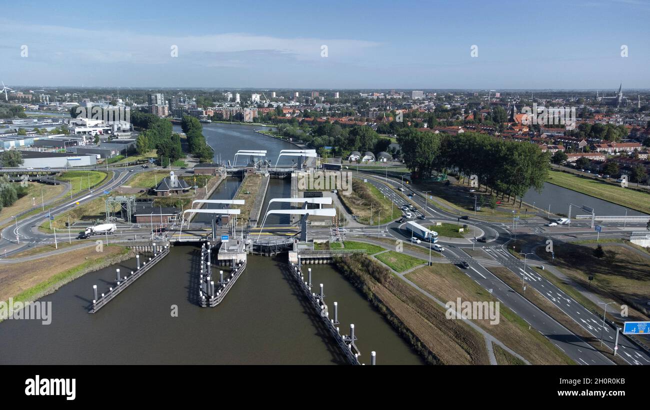 gateway lock sluice drawbridge construction on river, canal for passing ...