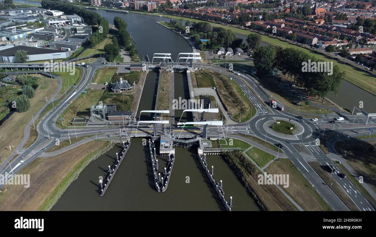 gateway lock sluice drawbridge construction on river, canal for passing ...
