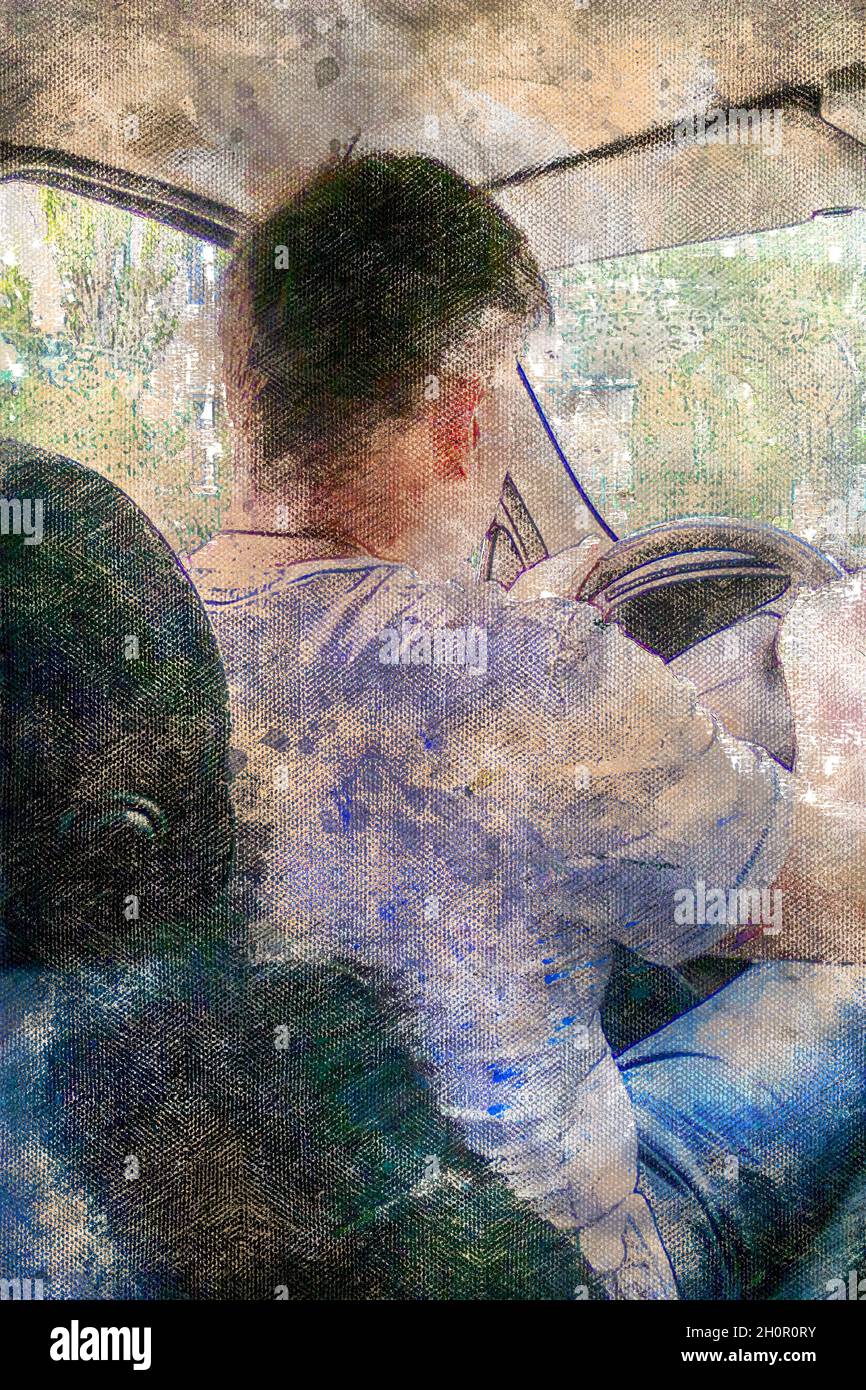 Driver at the wheel. Adult man driving a car. View from the back seat ...