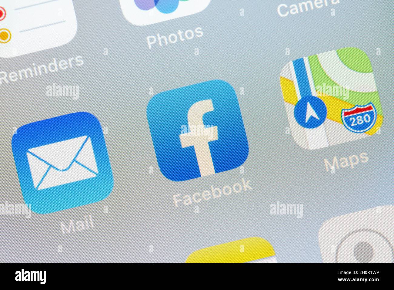 MOSCOW, RUSSIA - 12 OCT 2021: Facebook logo on the screen smartphone ...