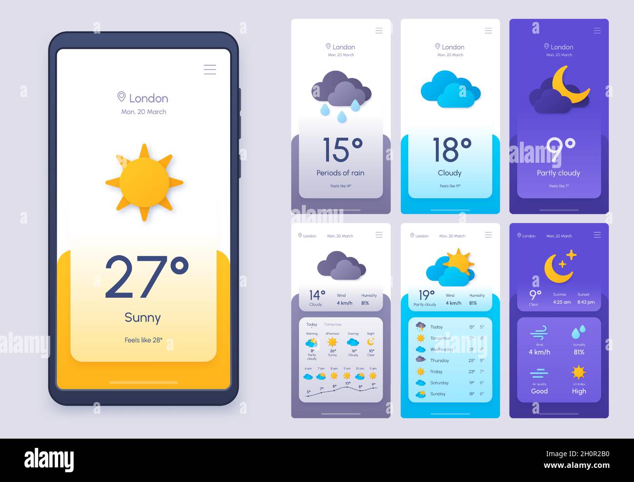 Daily weather forecast phone app in 3d paper cut style. Climate and atmosphere widget template ...