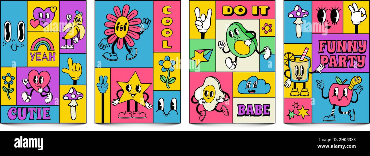 Mosaic trendy posters with funny crazy cartoon characters ...