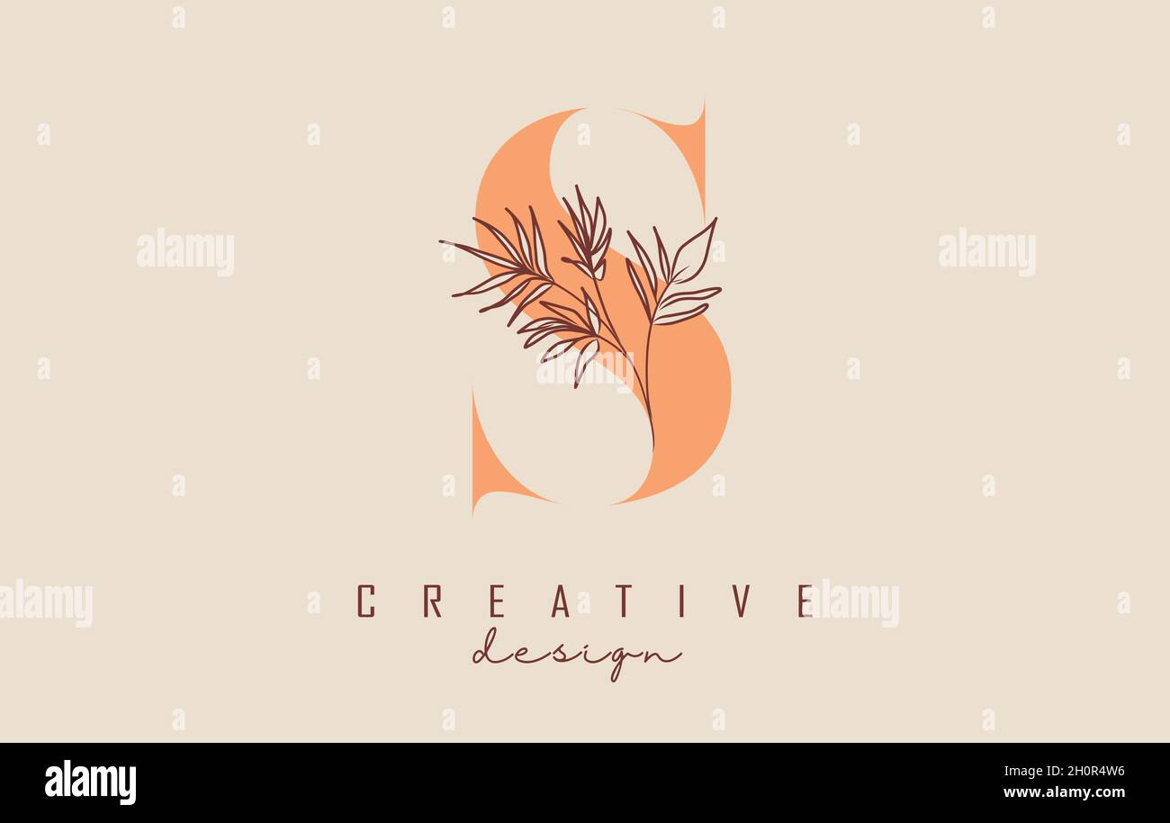 Orange shade S letter logo design with branch of leaves vector ...