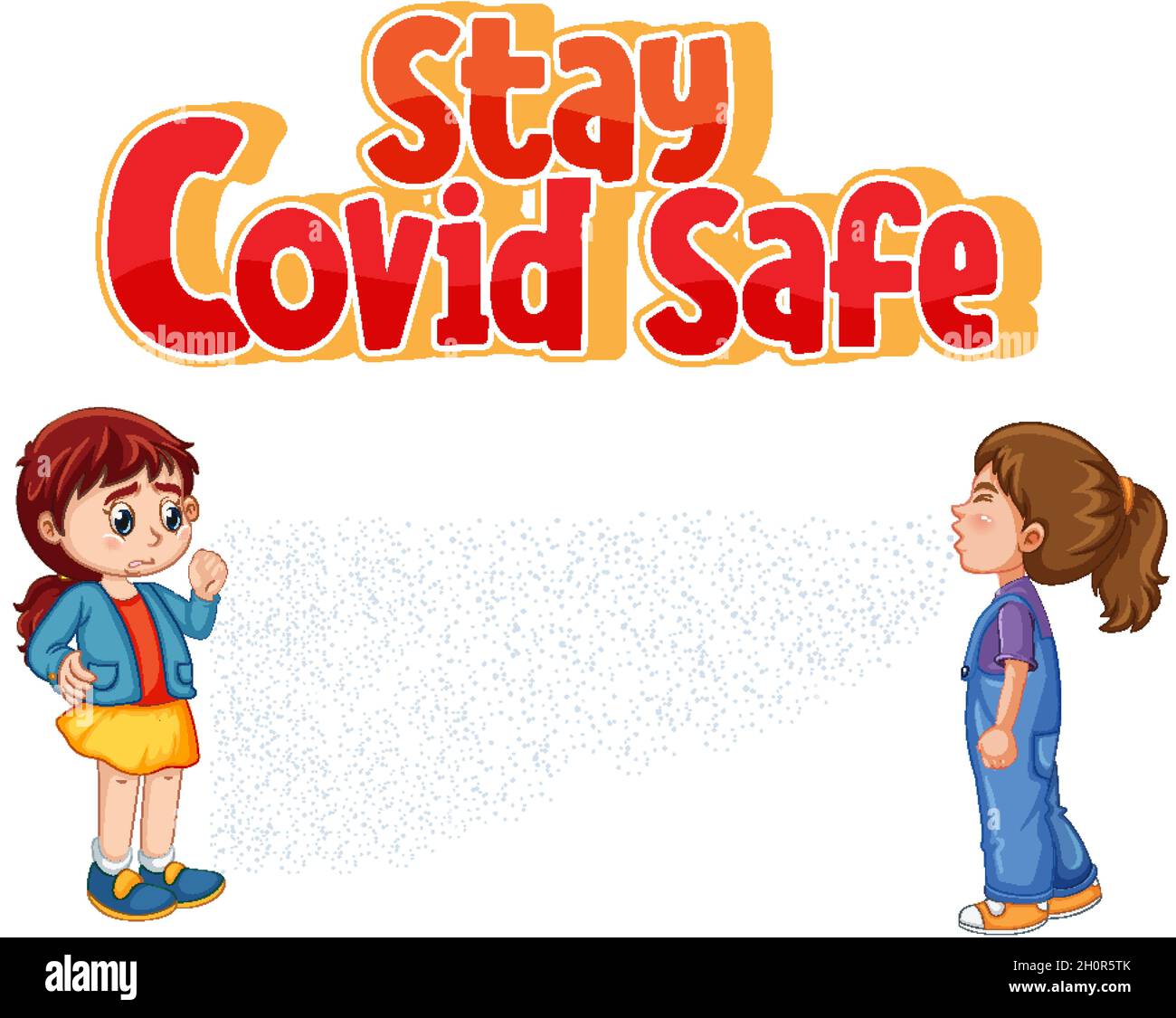 Stay Covid Safe font in cartoon style with two kids keeping social ...