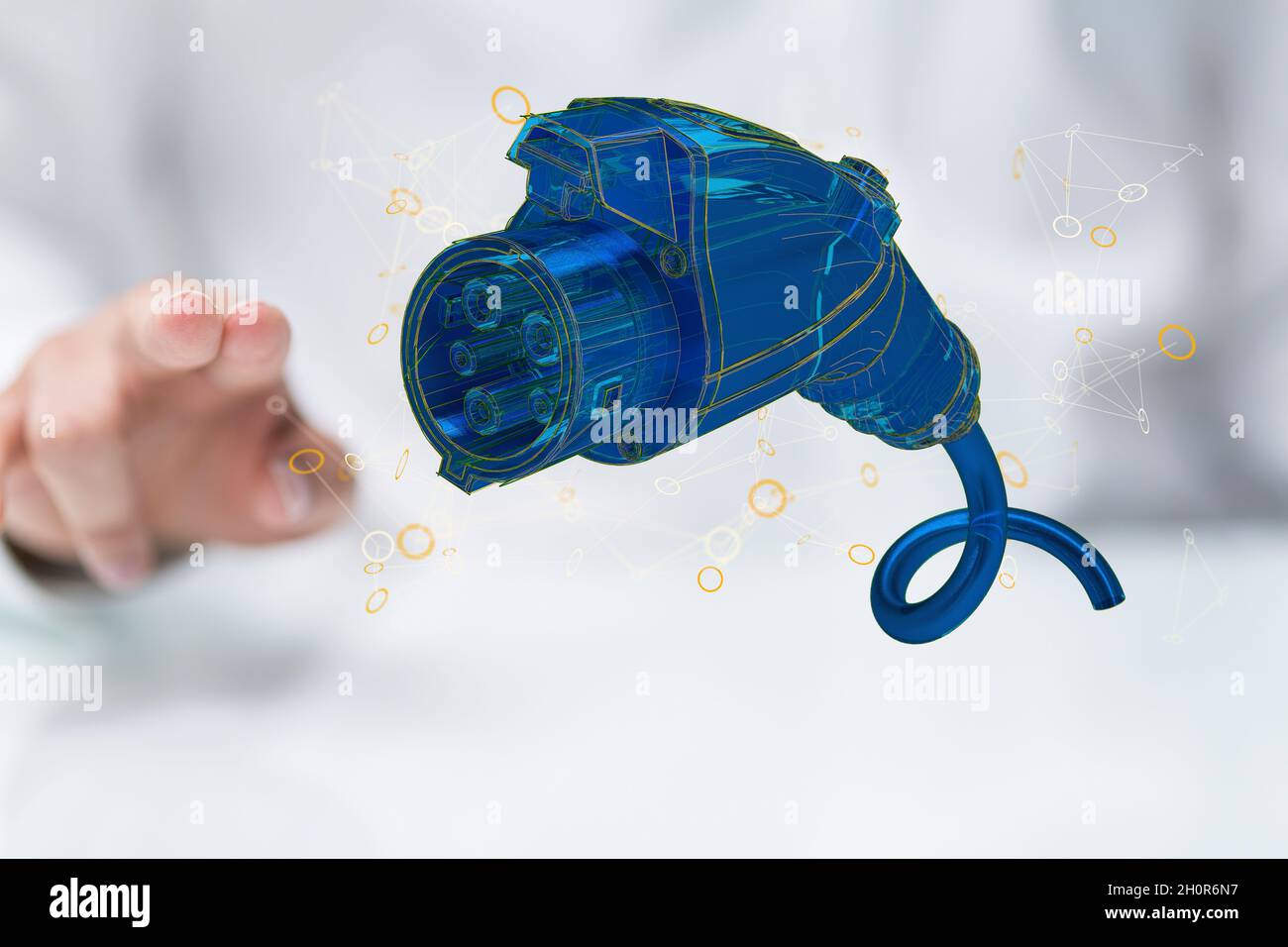 3D rendering of a man pointing at a floating electronic vehicle part ...