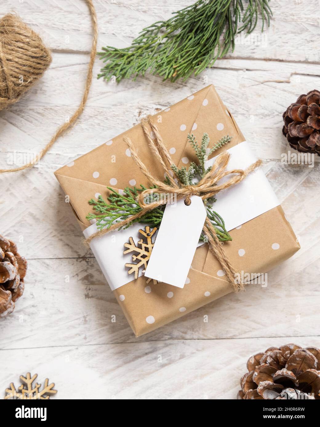 Christmas wrapped present with paper gift tag on a white table with fir ...