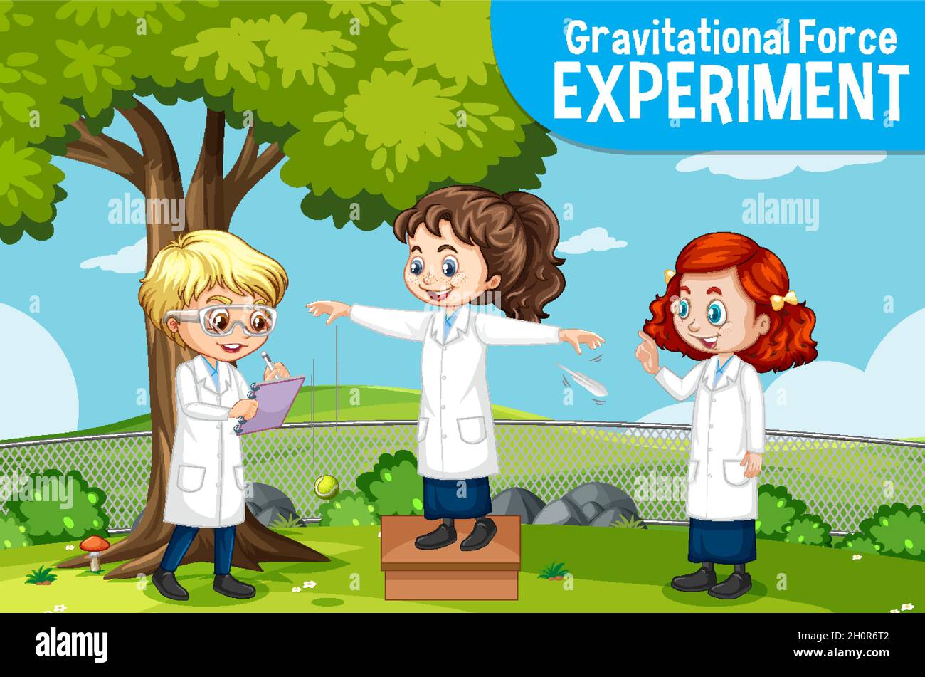 Gravitational force experiment with scientist kids cartoon character illustration Stock Vector ...