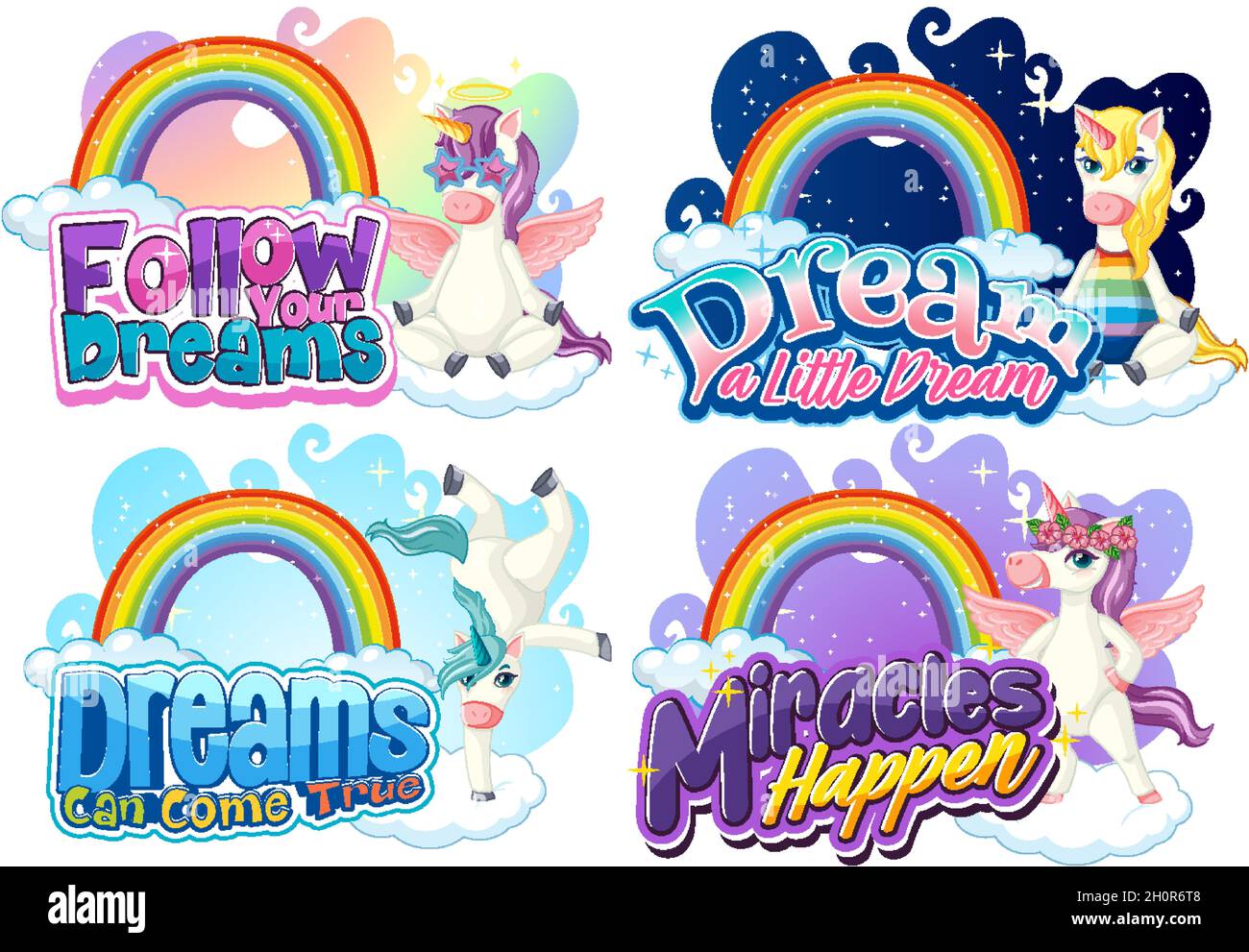 Set of different unicorn font typography with rainbows isolated ...