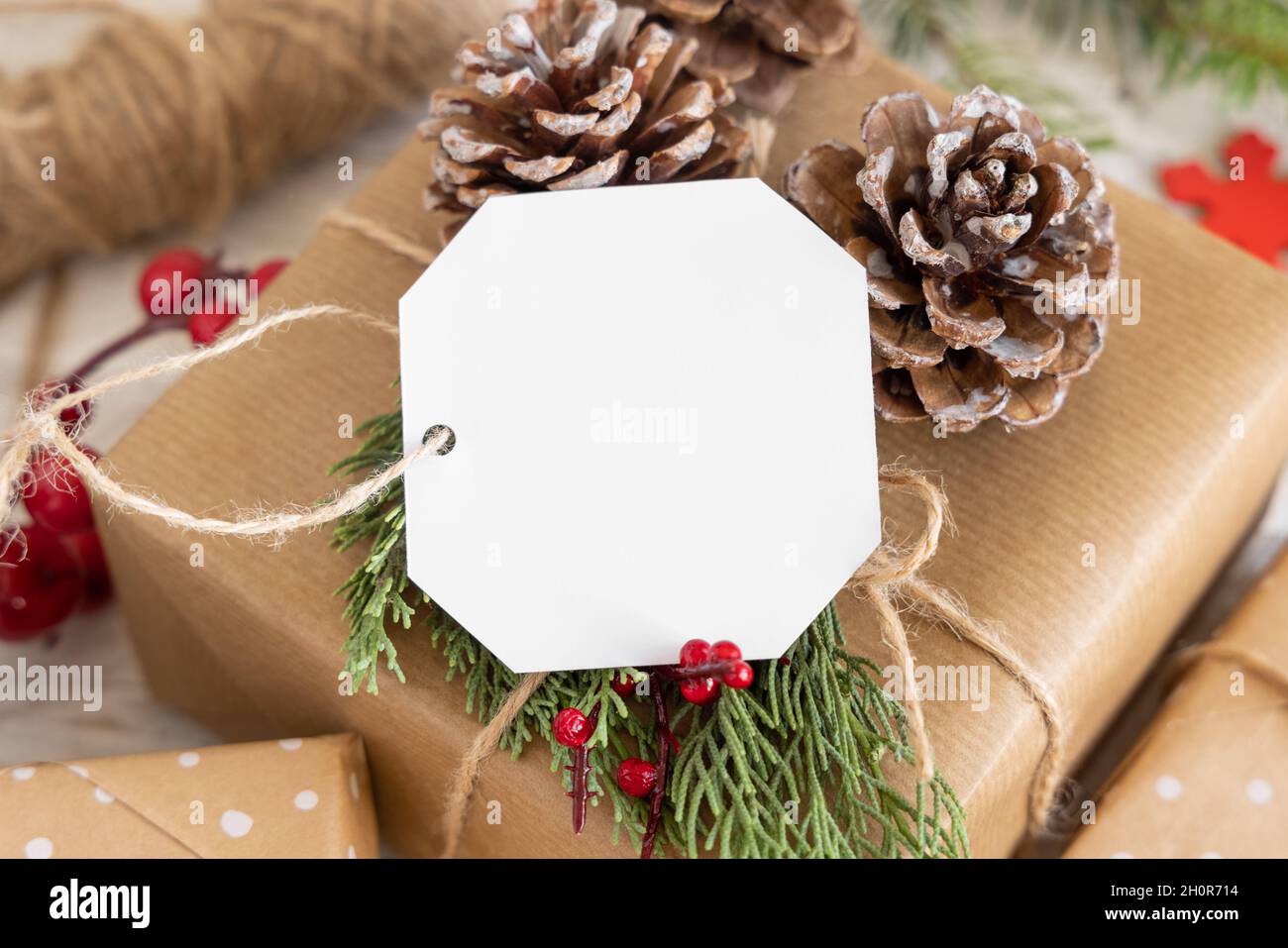 Christmas wrapped present with paper gift tag on a white table with fir ...