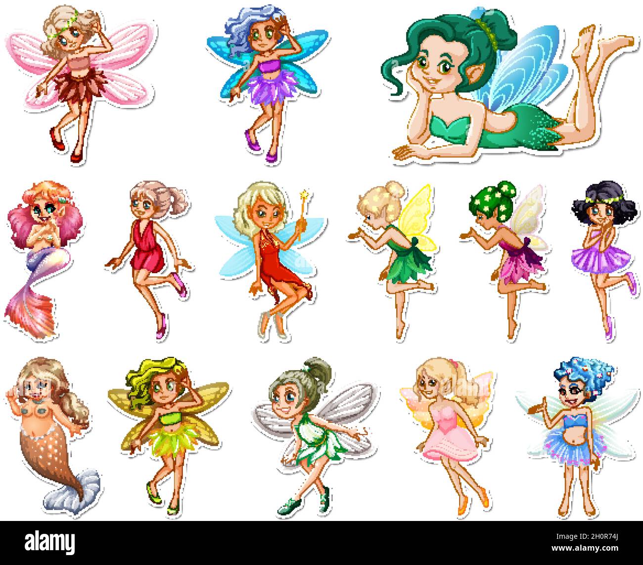 Set Of Stickers With Beautiful Fairies And Mermaid Cartoon Character
