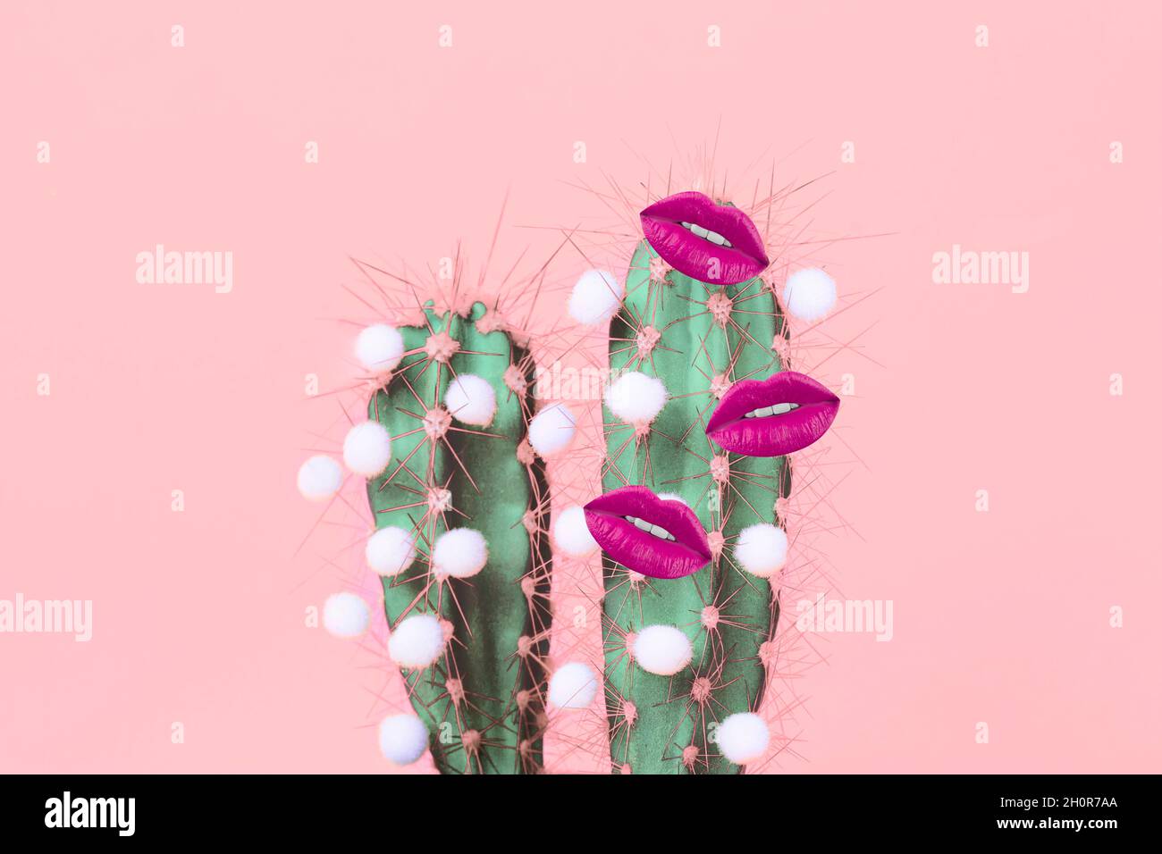 Cactus with female pink lips on pink background. Summer art collage ...