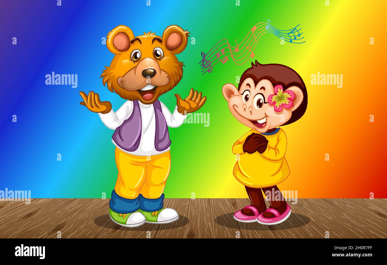 Monkey with bear cartoon character on rainbow gradient background ...