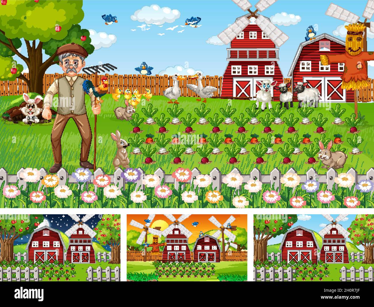 Different farm scenes with old farmer man cartoon character ...