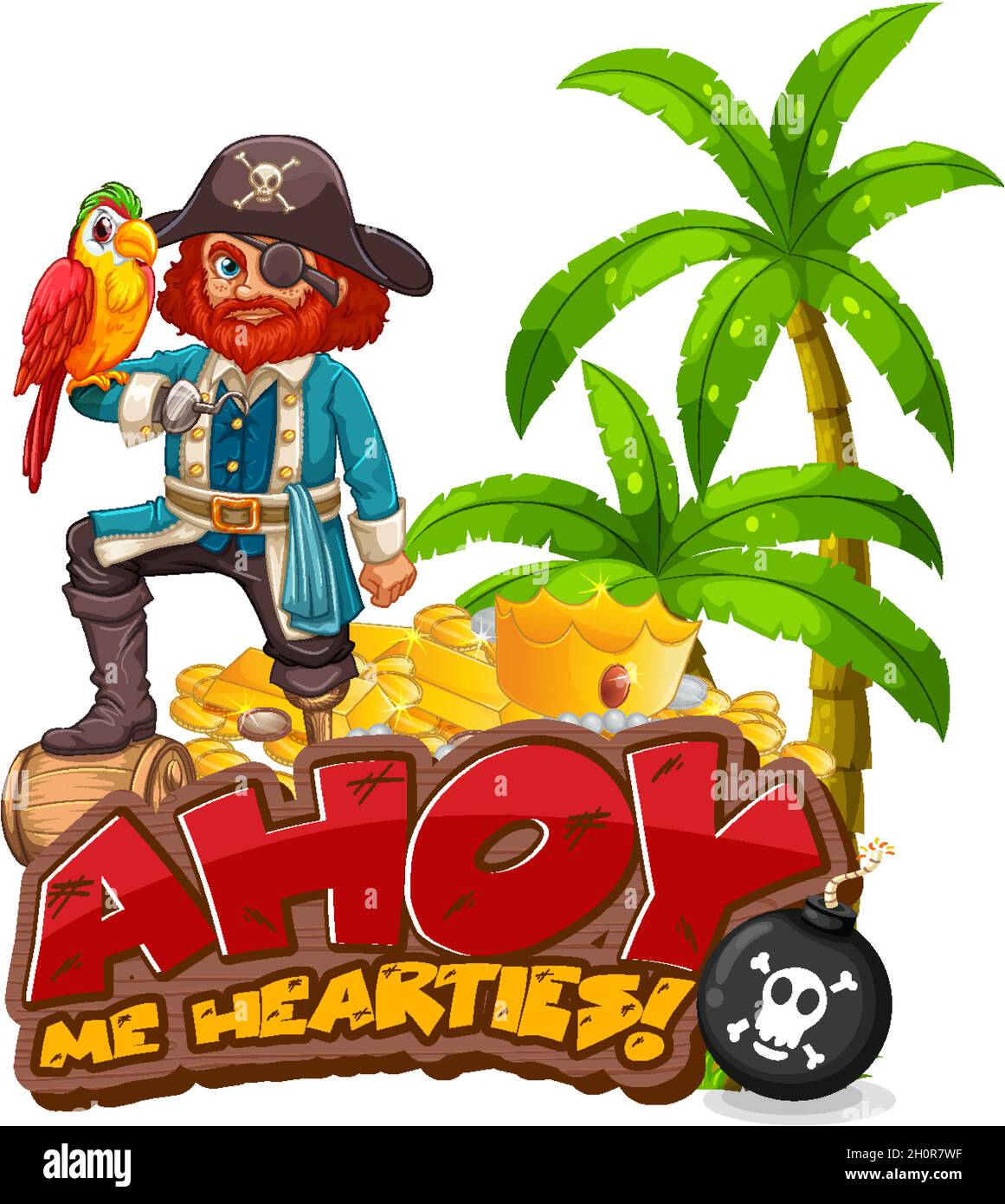 Pirate slang concept with Ahoy Me Hearties banner and a pirate cartoon ...