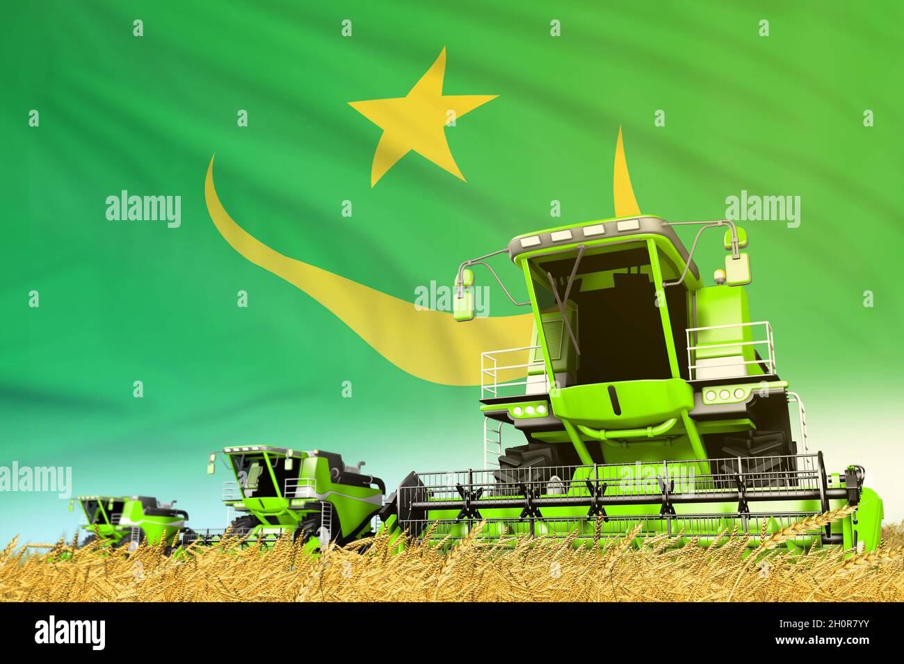 green farm agricultural combine harvester on field with Mauritania flag ...