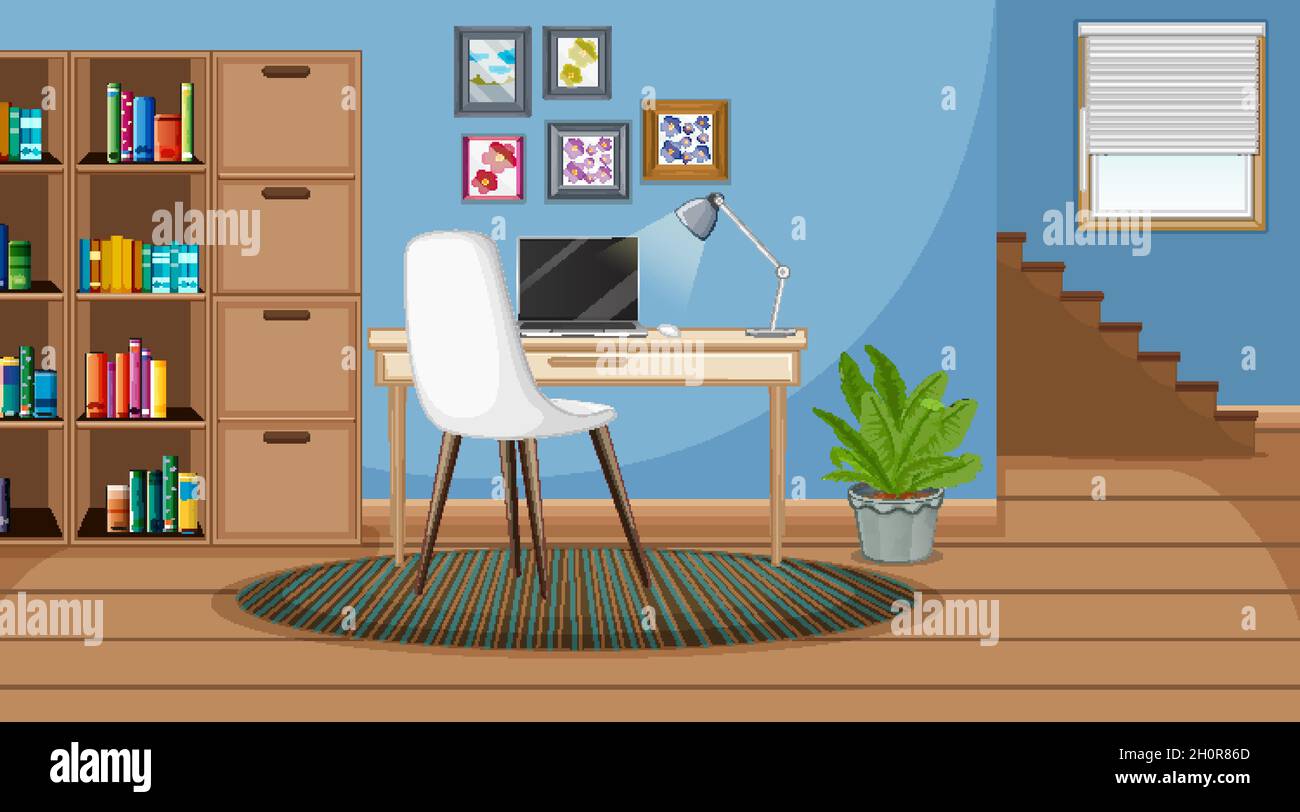 Workroom scene with a laptop on the table illustration Stock Vector ...