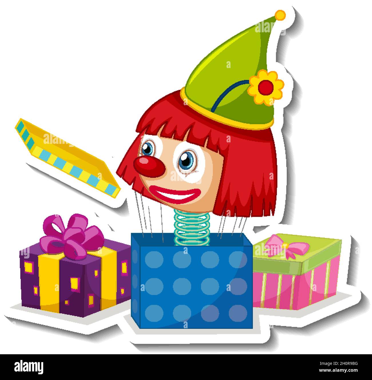 Sticker template with cute clown on a spring in the box illustration ...