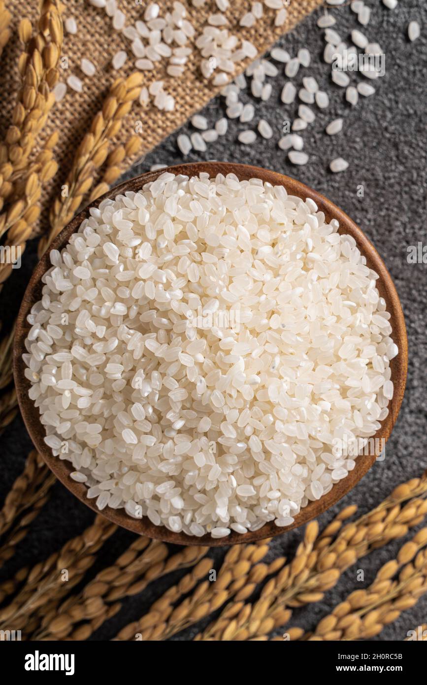 White raw rice in a bowl with the ear on the dark black table ...