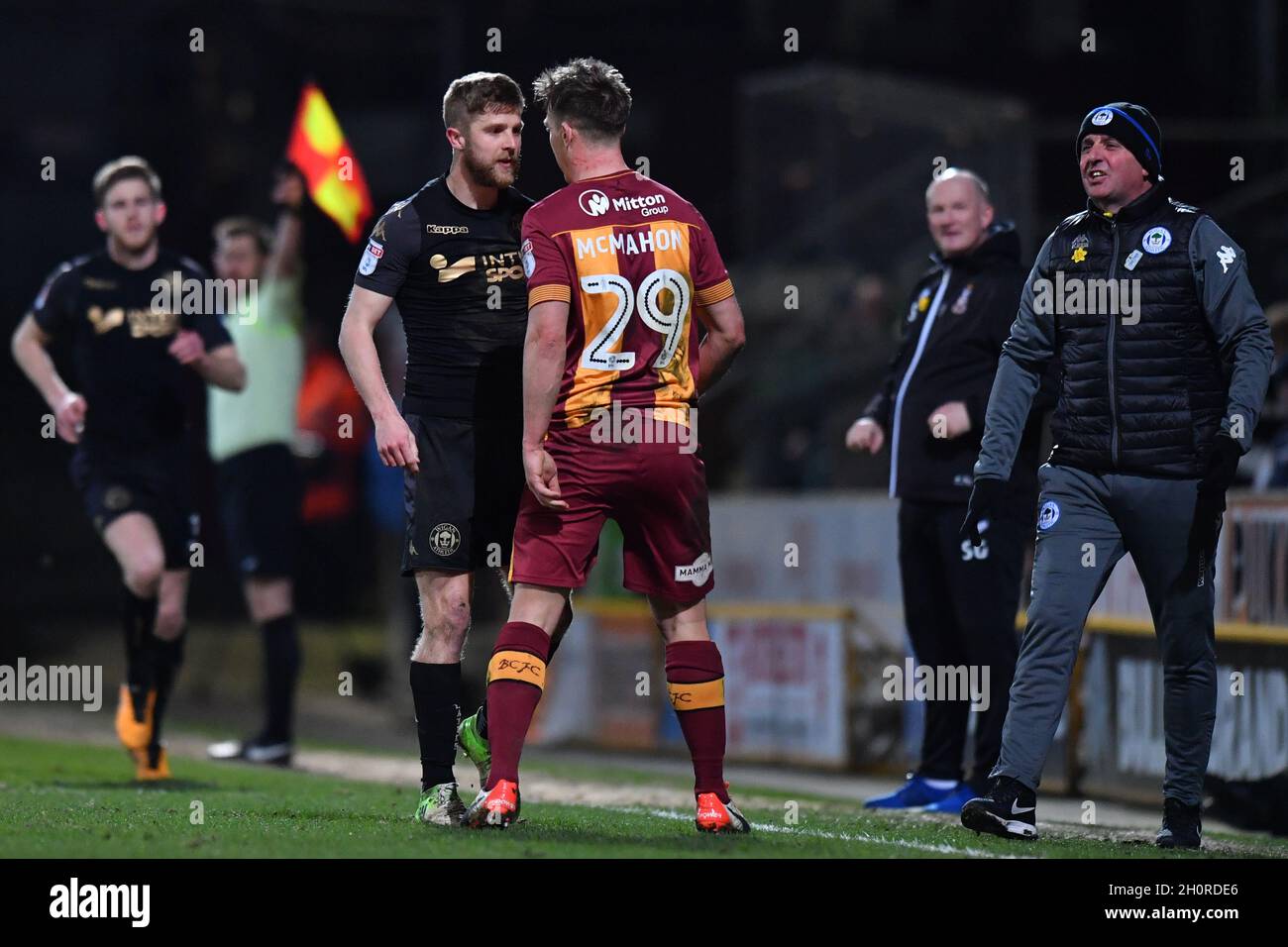Wigan Athletic’s Michael Jacobs exchanges words with Bradford City’s ...