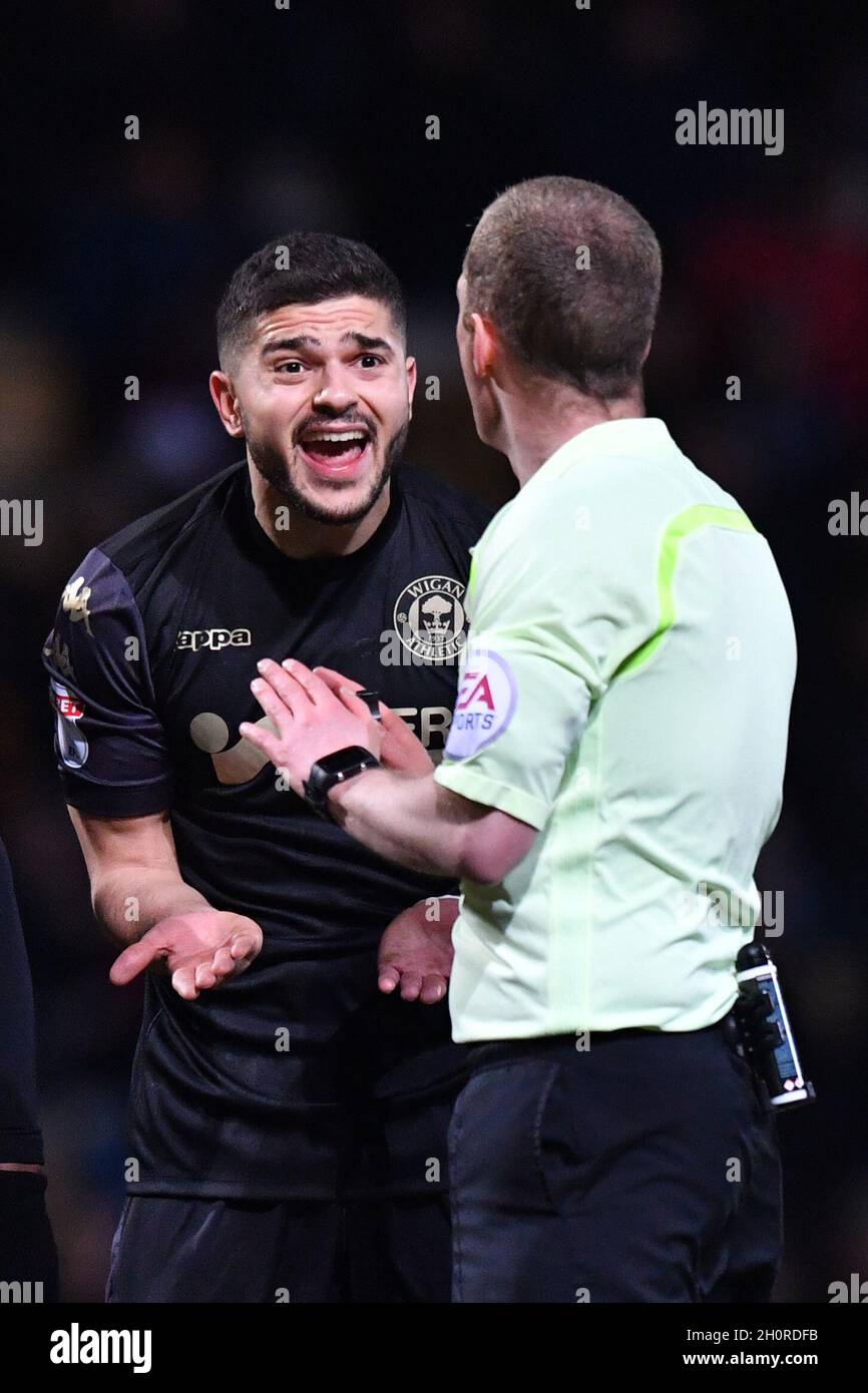 Wigan Athletic’s Sam Morsey speaks with the referee Martin Coy Stock ...