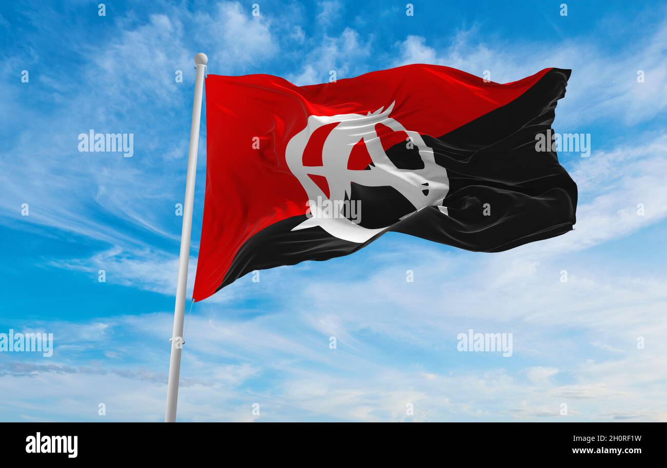 flag of Anarchist with A symbol at cloudy sky background on sunset ...