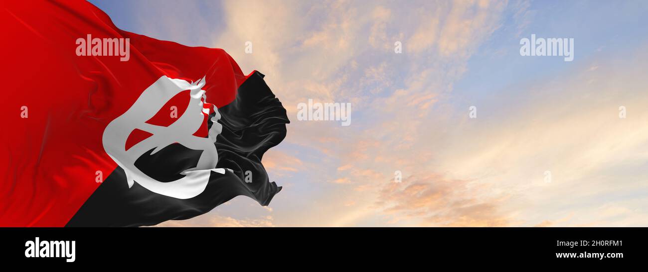 flag of Anarchist with A symbol at cloudy sky background on sunset ...