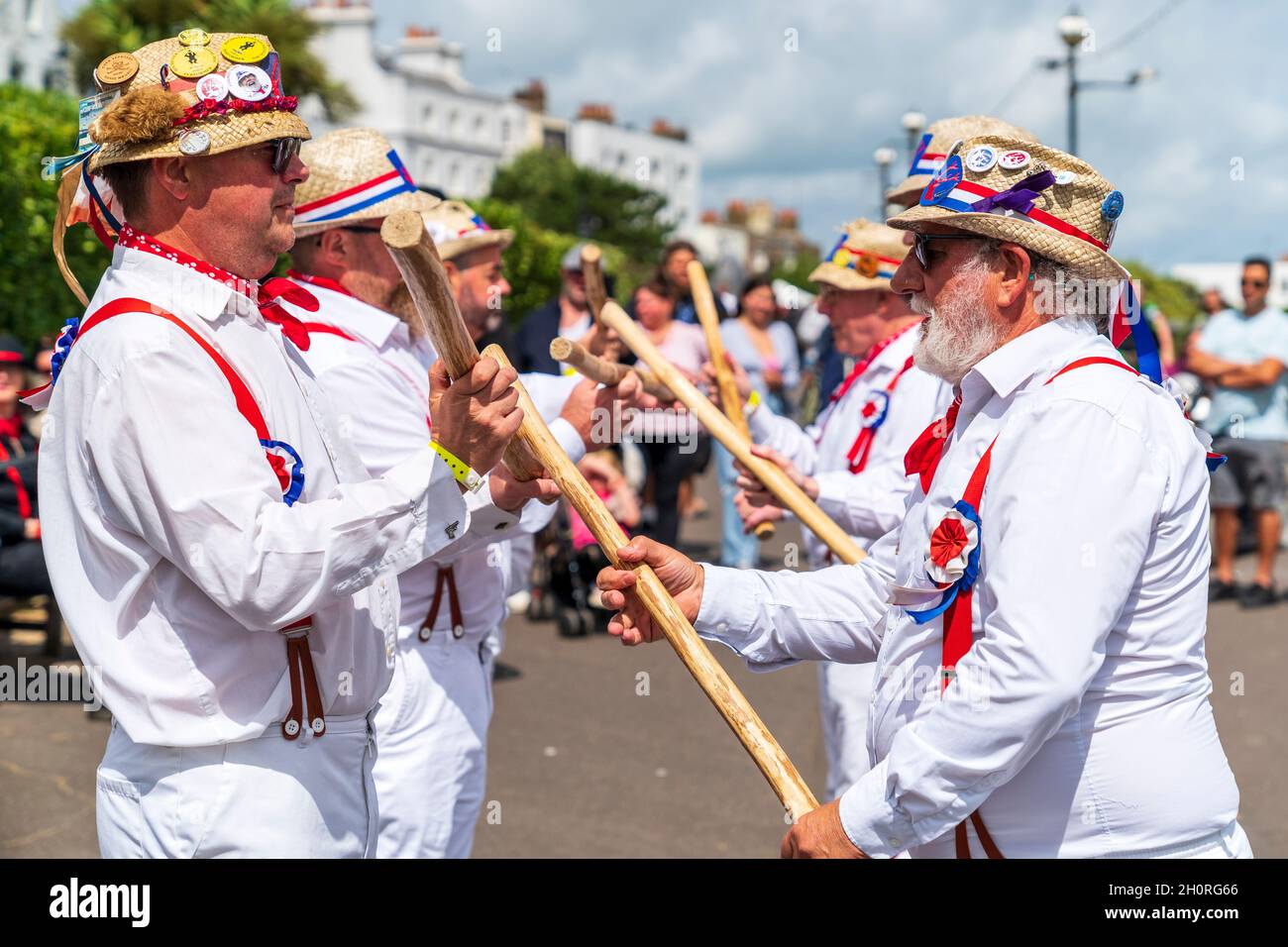 English folk dancers, Kent Hartley Morris side dancing on the seafront ...