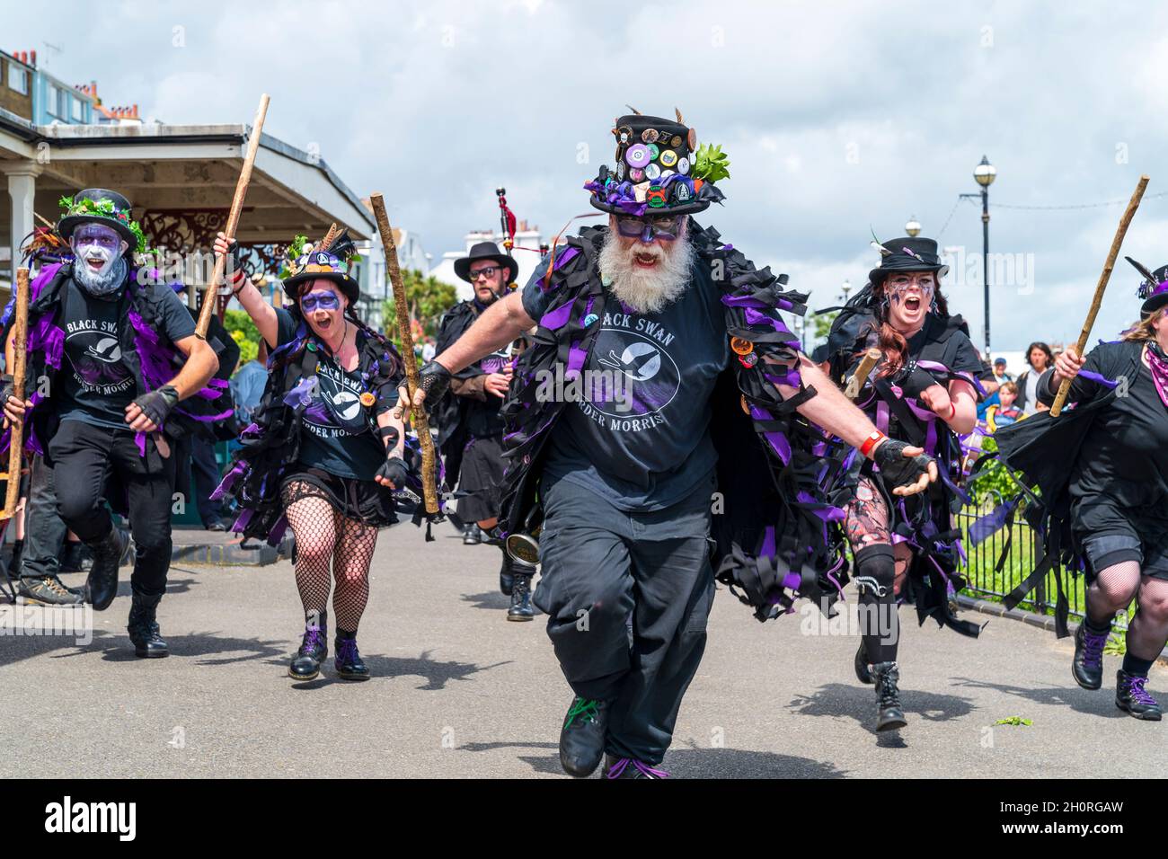 Black Swan Border Morris dancers in their black and mauve costume ...
