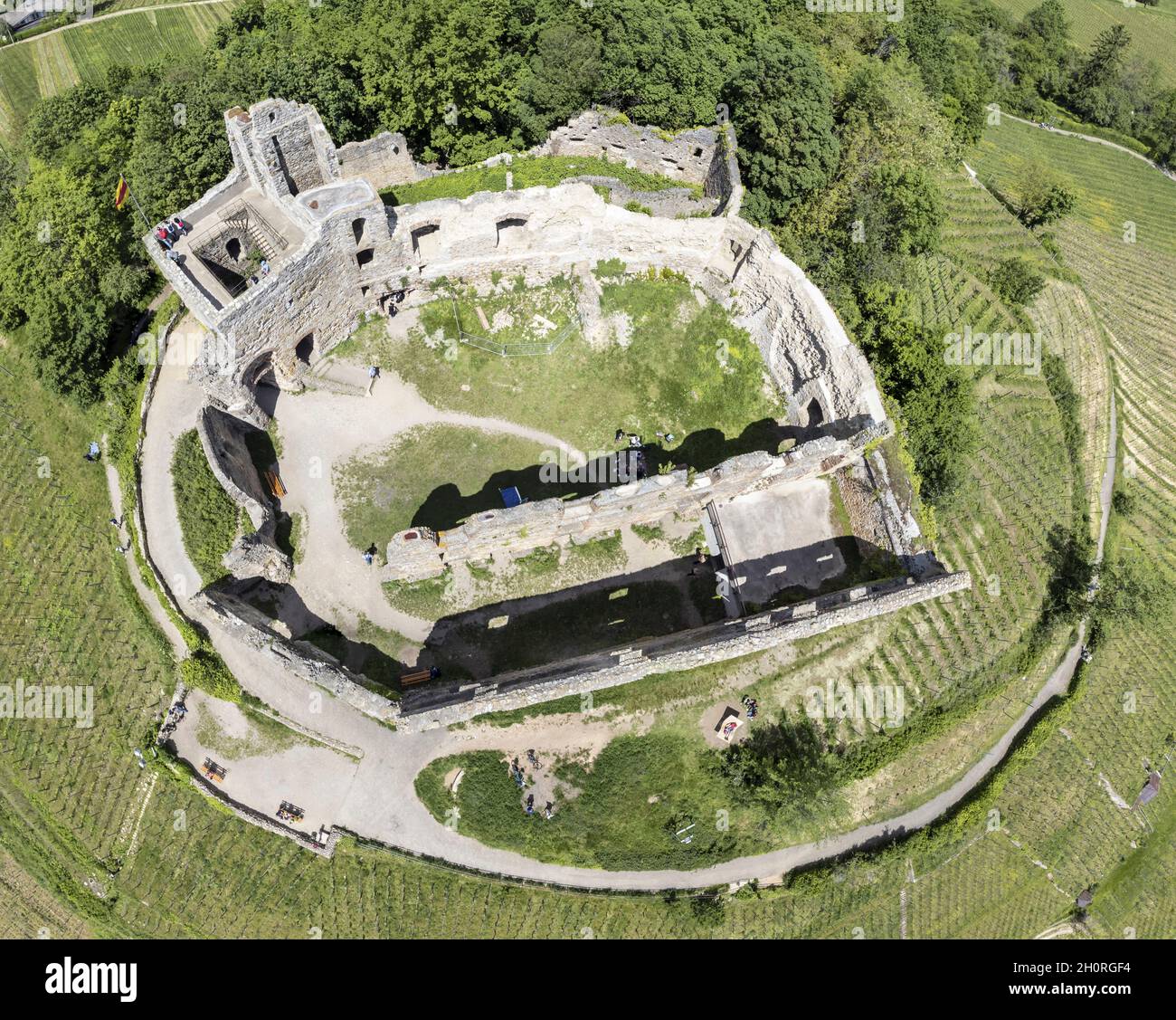 Aerial view of castle Staufen, ruin on hill at village Staufen, south ...