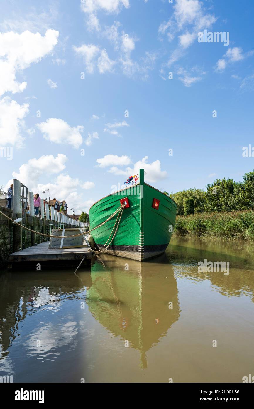 Low angel view of re constructed medieval wooden cog boat on river at ...