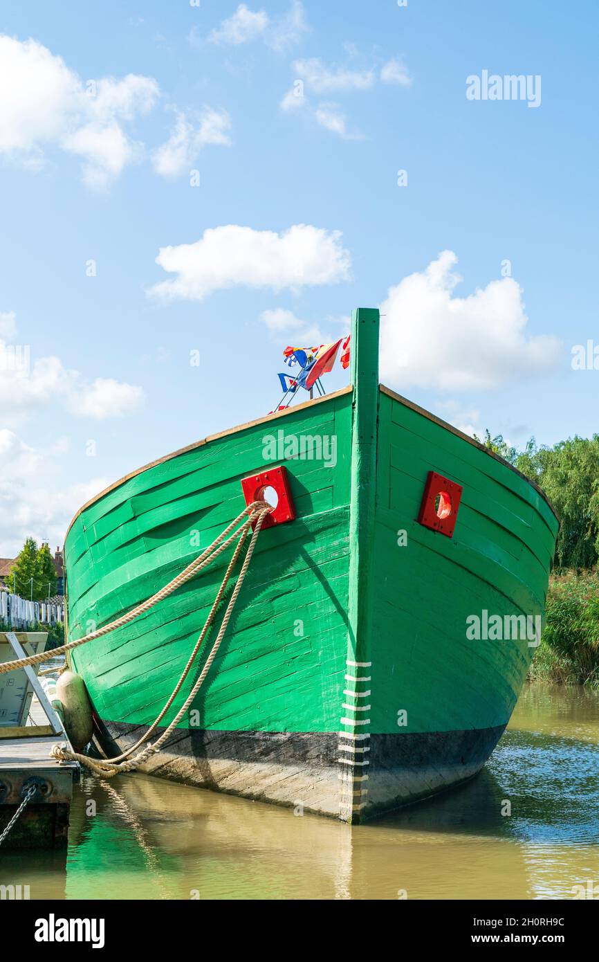 Low angel view of re constructed medieval wooden cog boat on river at ...