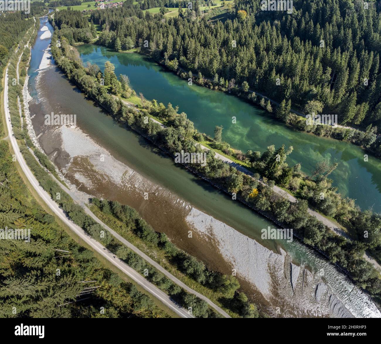 Aerial view of river Iller and lake Auwaldsee north of Oberstdorf ...