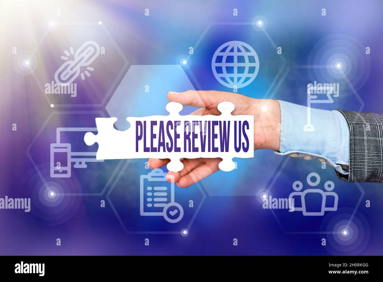 Hand writing sign Please Review Us. Business overview situation or ...